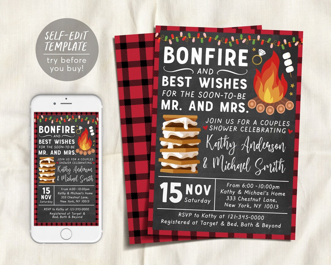 Christmas Bonfire Couples Shower Invitation Editable Template, Wedding ...