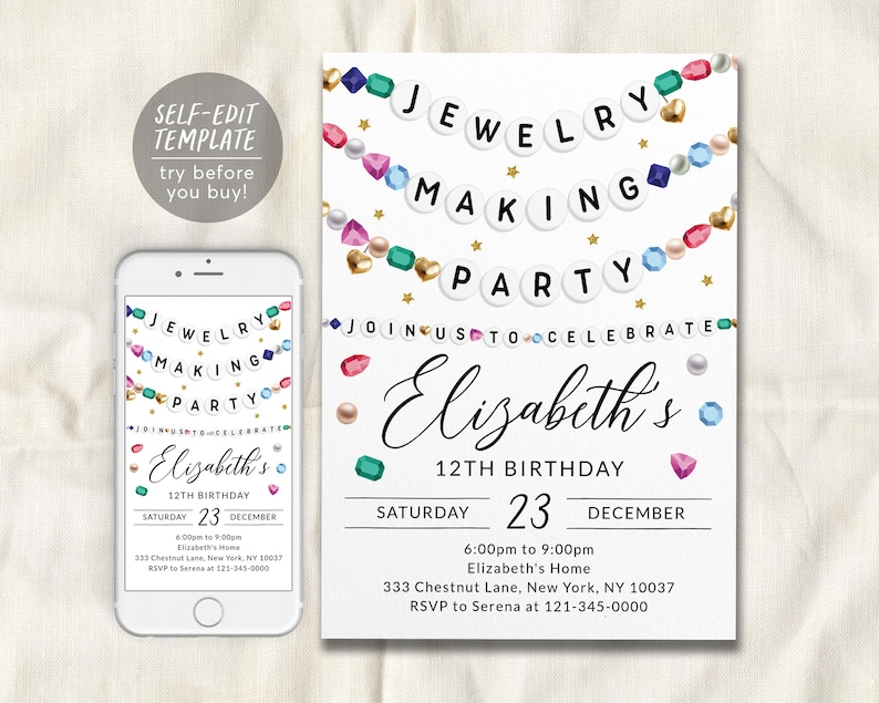 Jewelry Making Party Birthday Invitation Editable Template, Bracelet ...