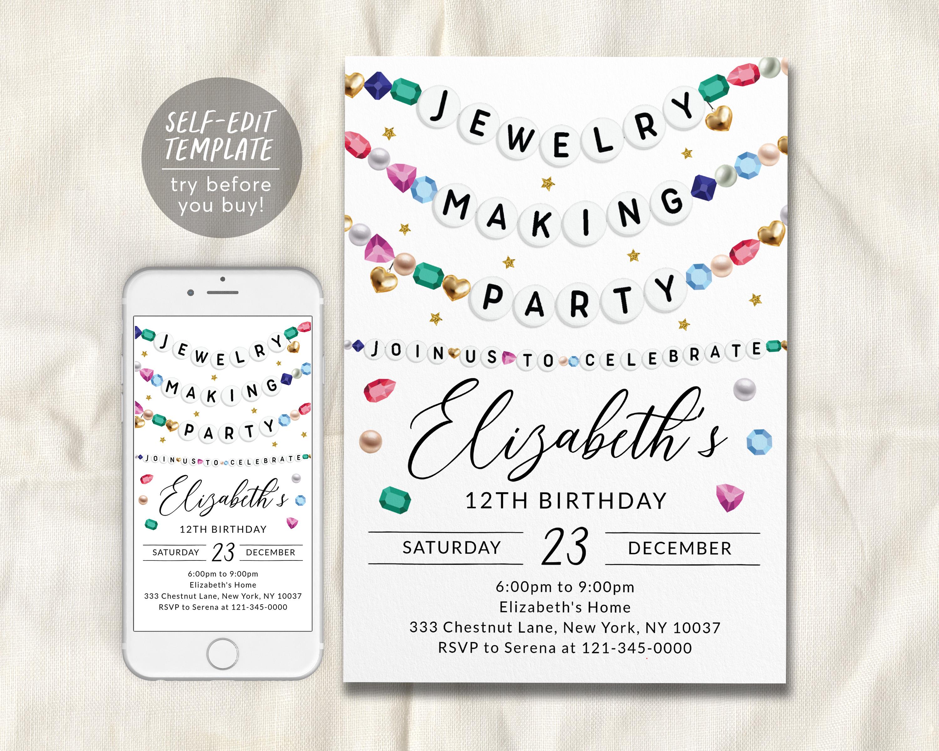 Jewelry Making Party Birthday Invitation Editable Template, Bracelet ...