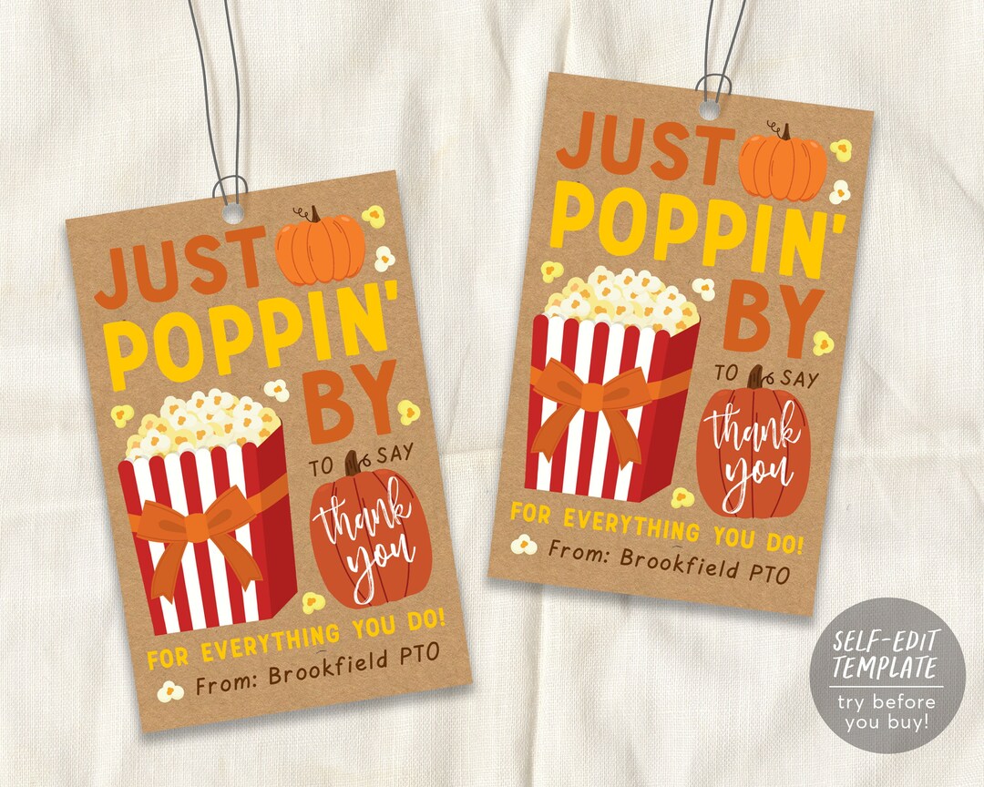Fall Popcorn Thank You Gift Tags Editable Template, Autumn Thanksgiving ...
