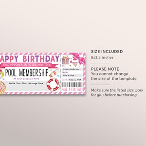 Pool Membership Gift Certificate Ticket Editable Template, Birthday ...