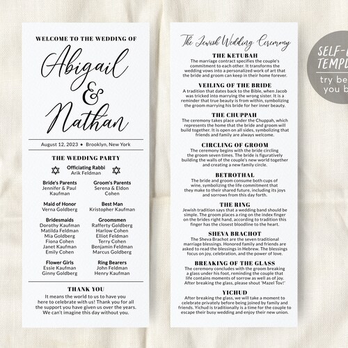 Jewish Wedding Program Template Jewish Explanation Judaica - Etsy