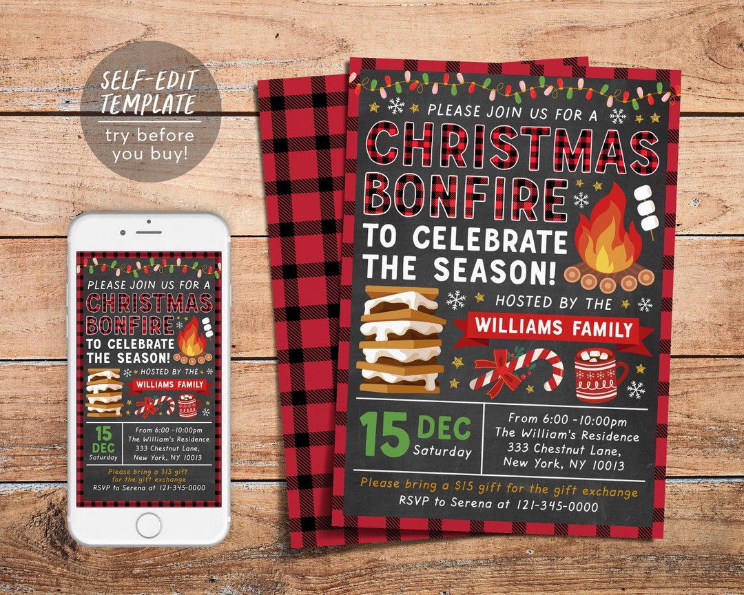 Christmas Bonfire Invitation Editable Template, Winter Xmas Campfire ...