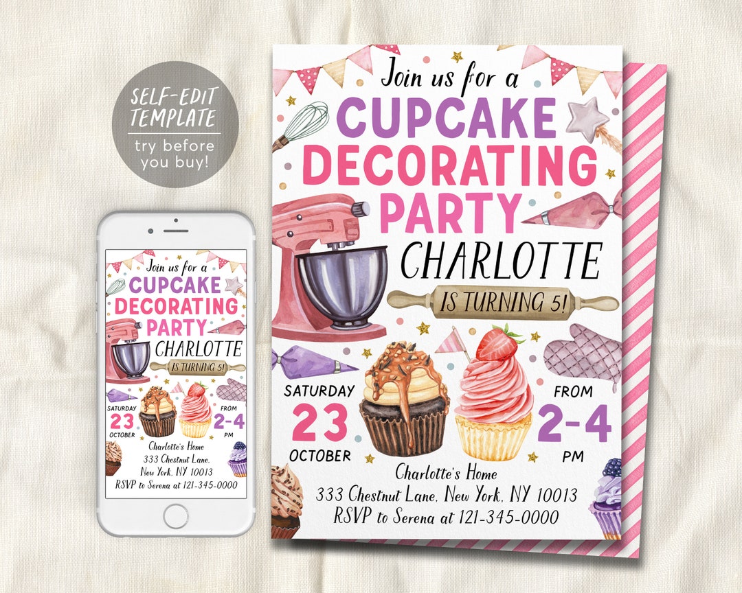 Cupcake Decorating Party Invitation Editable Template, Girl Baking ...