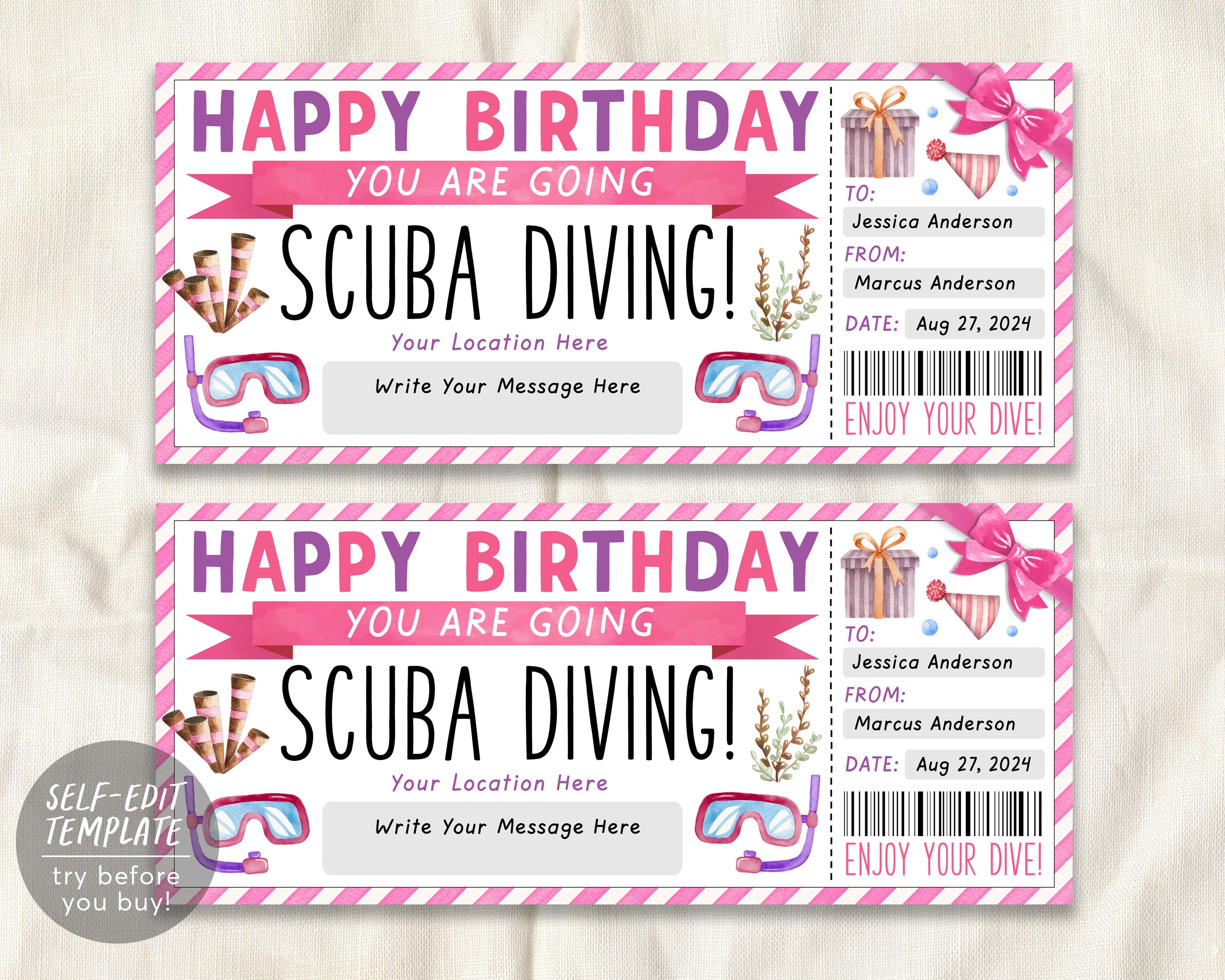 Scuba Diving Ticket Editable Template, Surprise Snorkeling Experience ...