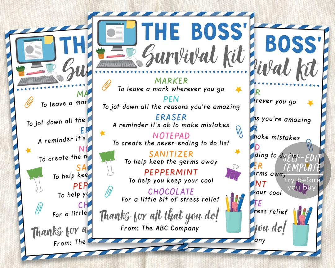 Boss Survival Kit Gift Tags Editable Template, Boss Appreciation Day ...
