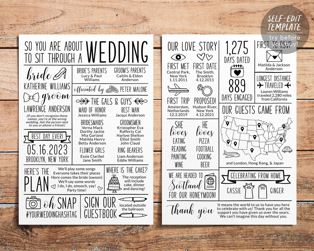 Infographic Wedding Program Editable Template, Black and White ...