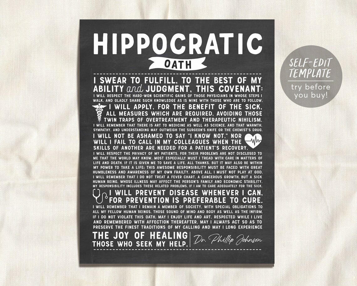 Editable Hippocratic Oath Chalkboard Gift Print Template, Oath of ...