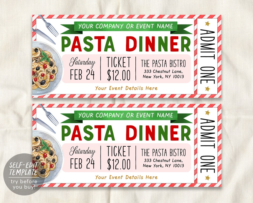 Pasta Dinner Event Ticket Editable Template, Spaghetti Dinner Coupon ...