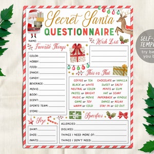 Secret Santa Gift Exchange Questionnaire Editable Template, Holiday ...