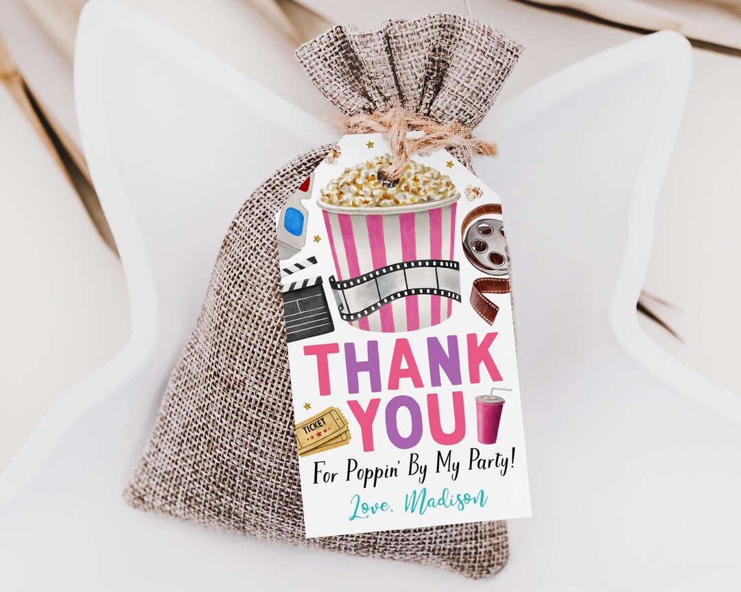 Movie Night Birthday Party Favor Tags Editable Template, Girl Pop on ...