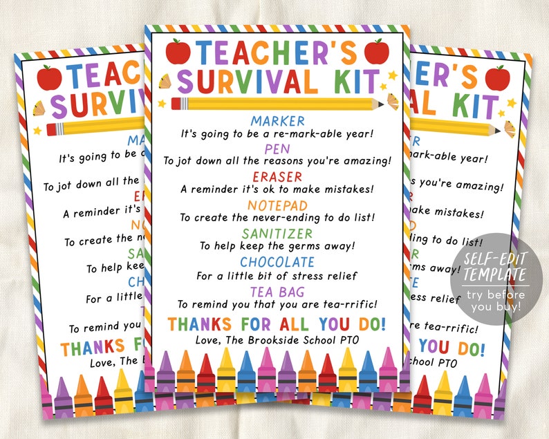 Teacher Survival Kit Editable Template Teacher Appreciation - Etsy