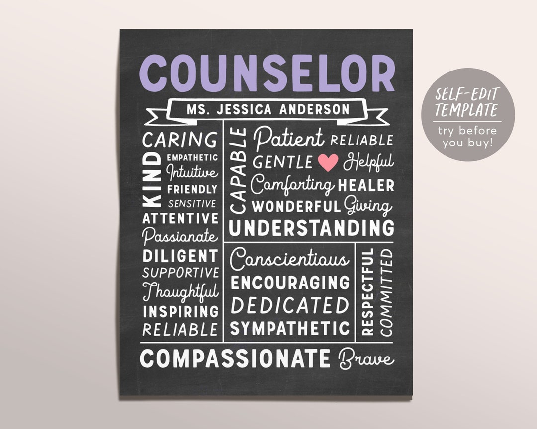 Editable Counselor Chalkboard Gift Print Template, Personalized Social ...