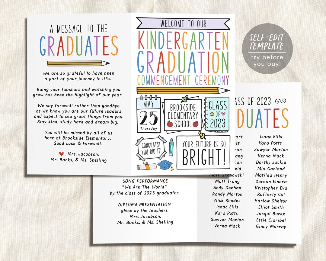 Graduation Program Editable Template for Kindergarten, Pre-k Preschool ...