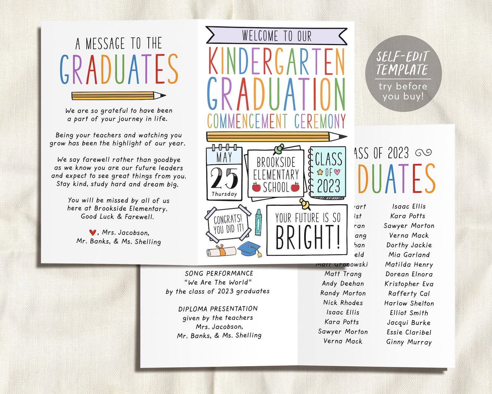 Graduation Program Editable Template for Kindergarten, Pre-k Preschool ...