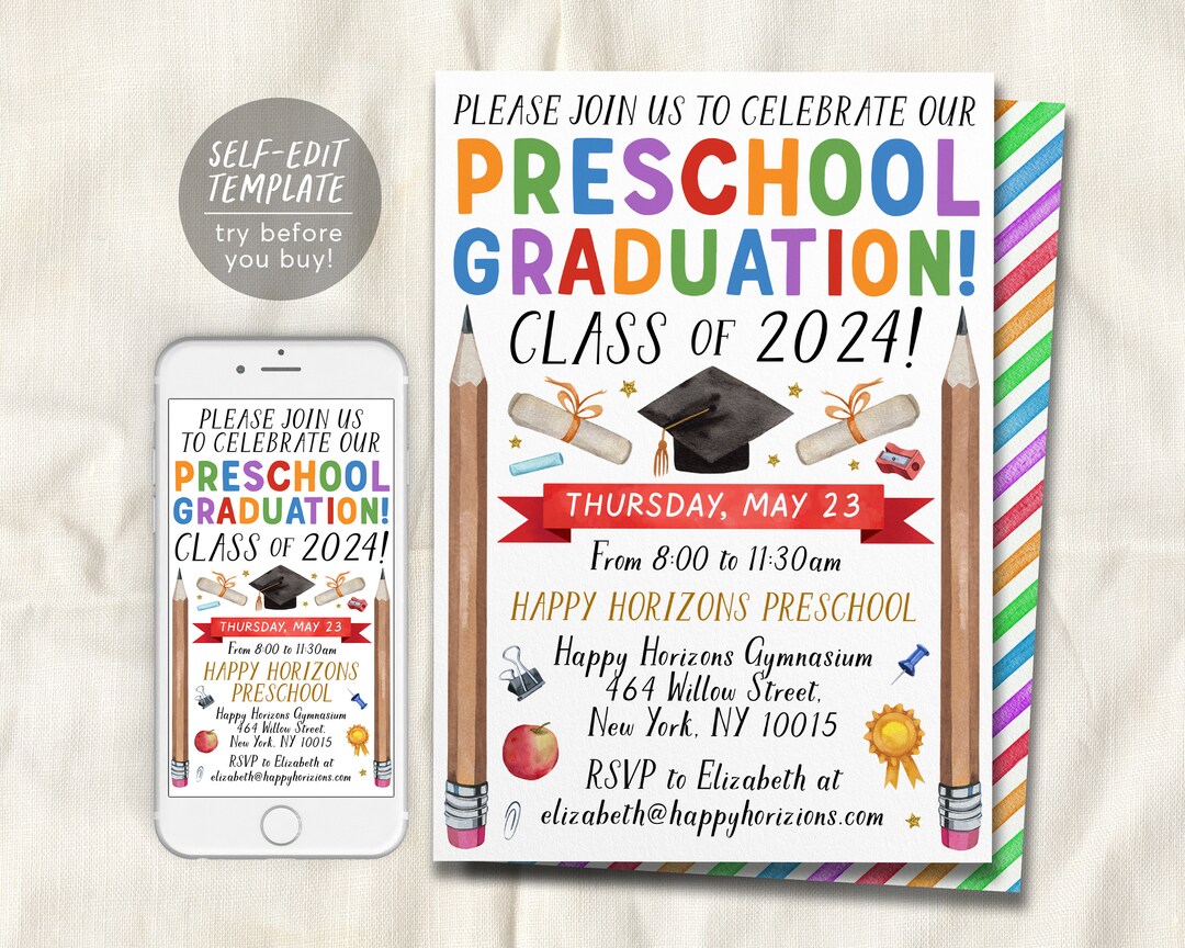 Preschool Graduation Invitation Editable Template, Pre-k Kindergarten ...