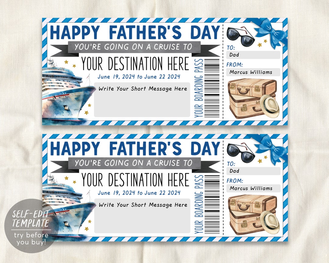 Fathers Day Cruise Boarding Pass Ticket Editable Template, Surprise ...