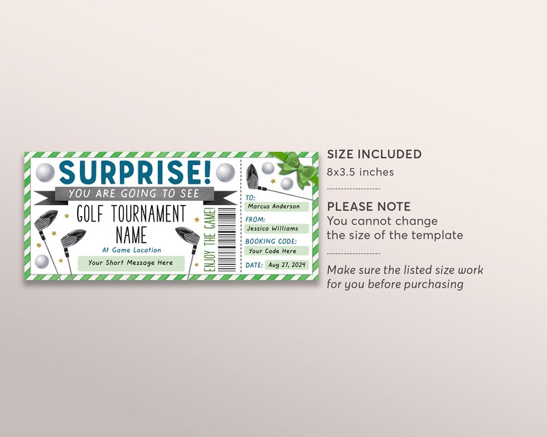 Golf Tournament Gift Ticket Editable Template, Surprise Golfing Golf ...