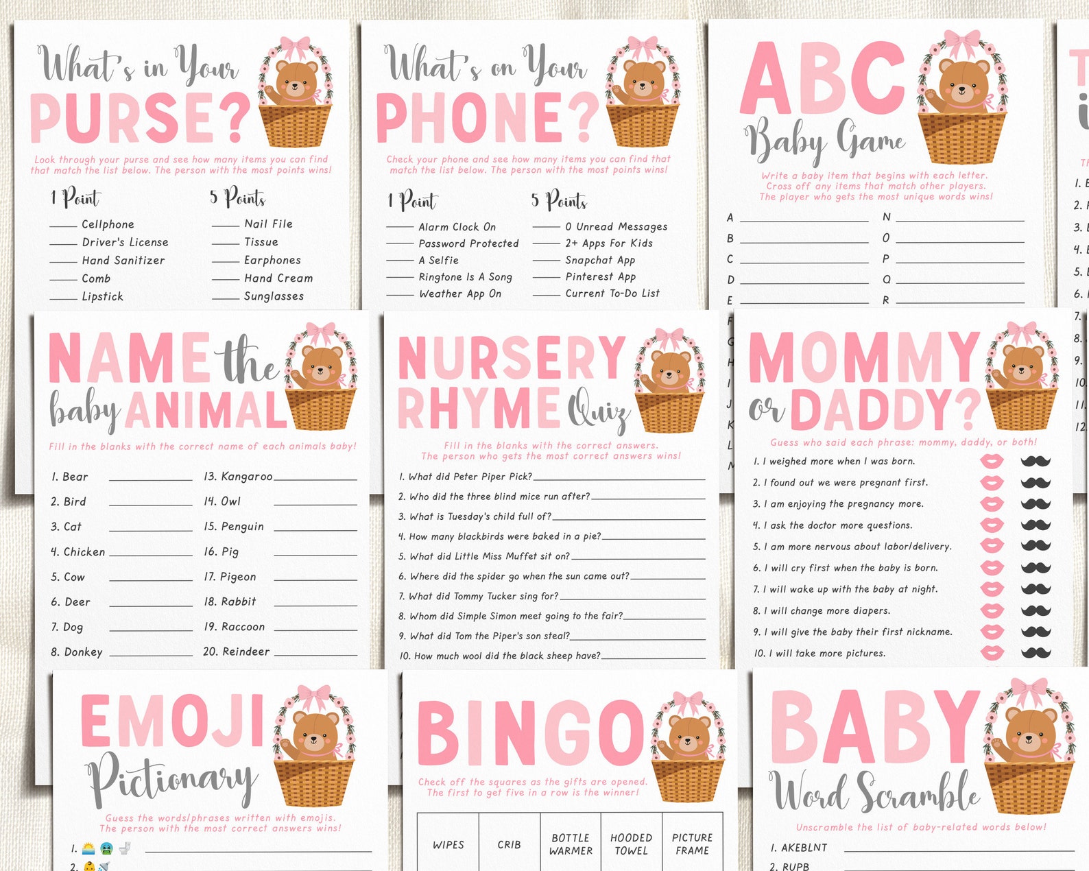 Teddy Bear GIRL Cute Baby Shower Games Bundle Editable - Etsy