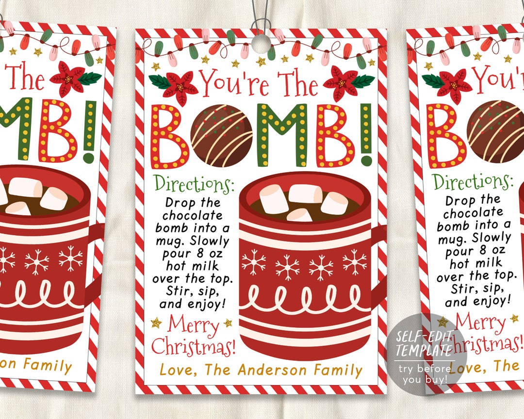 Hot Chocolate Bomb Christmas Gift Tag Editable Template, Holiday Hot ...