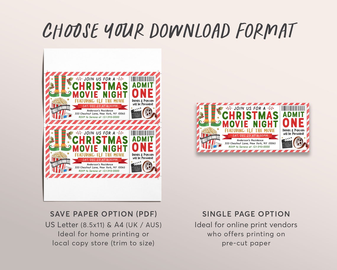 Elf Christmas Movie Ticket Invitation Editable Template, Xmas Holiday ...
