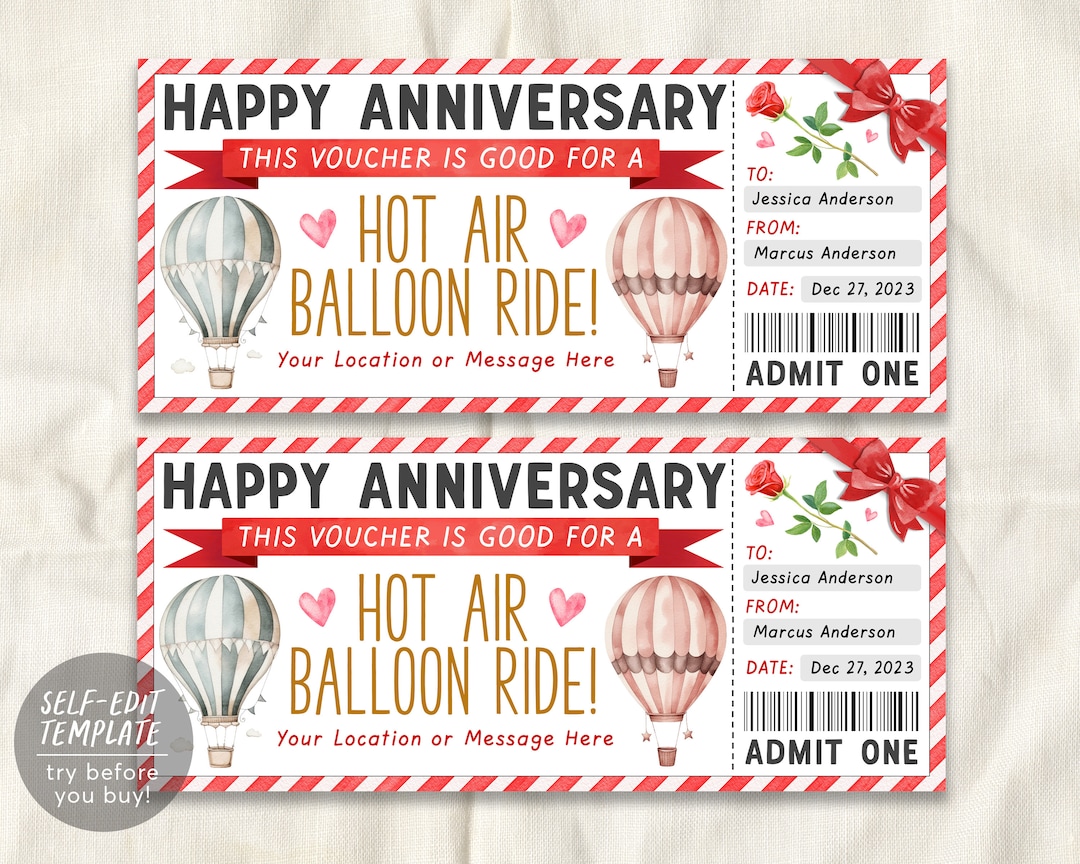 Hot Air Balloon Ticket Editable Template, Anniversary Surprise Hot Air ...