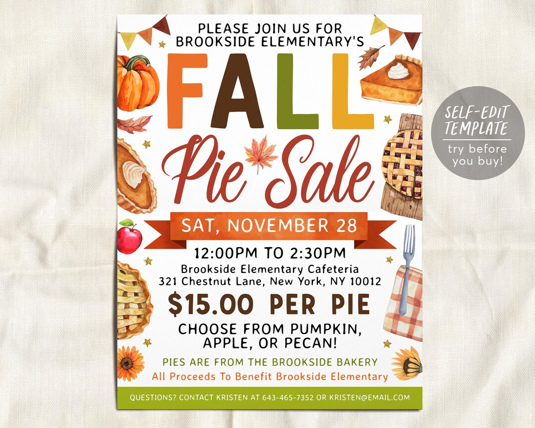 Fall Pie Sale Fundraiser Flyer Editable Template, Thanksgiving Bake ...