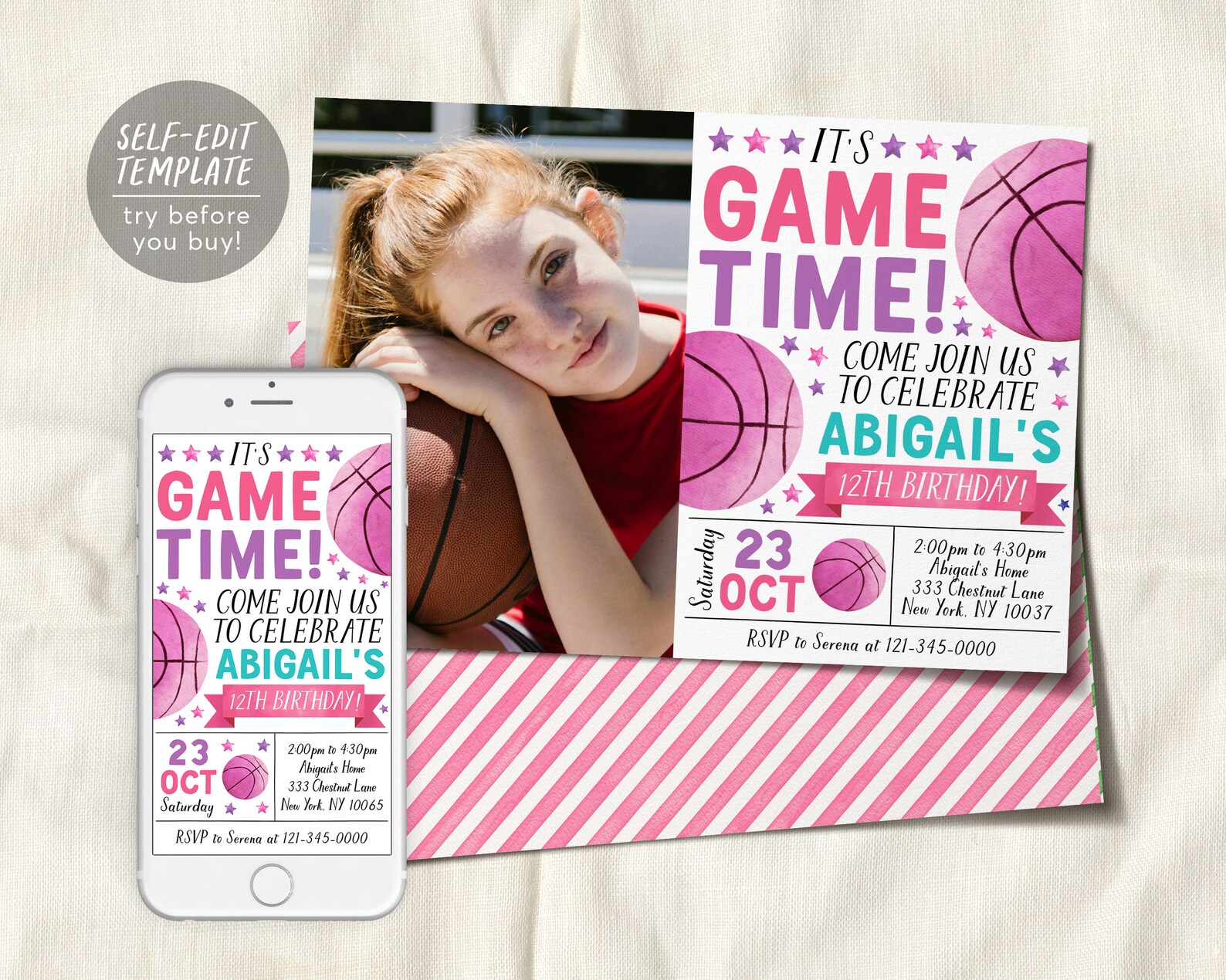 Basketball Birthday Invitation With Photo Editable Template, Girl ...