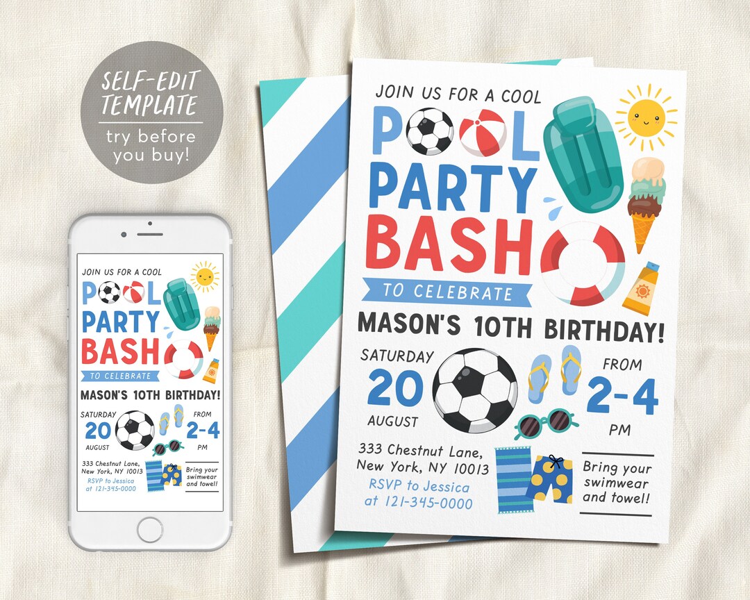 Soccer Pool Party Invitation Editable Template, Sports Summer Birthday ...