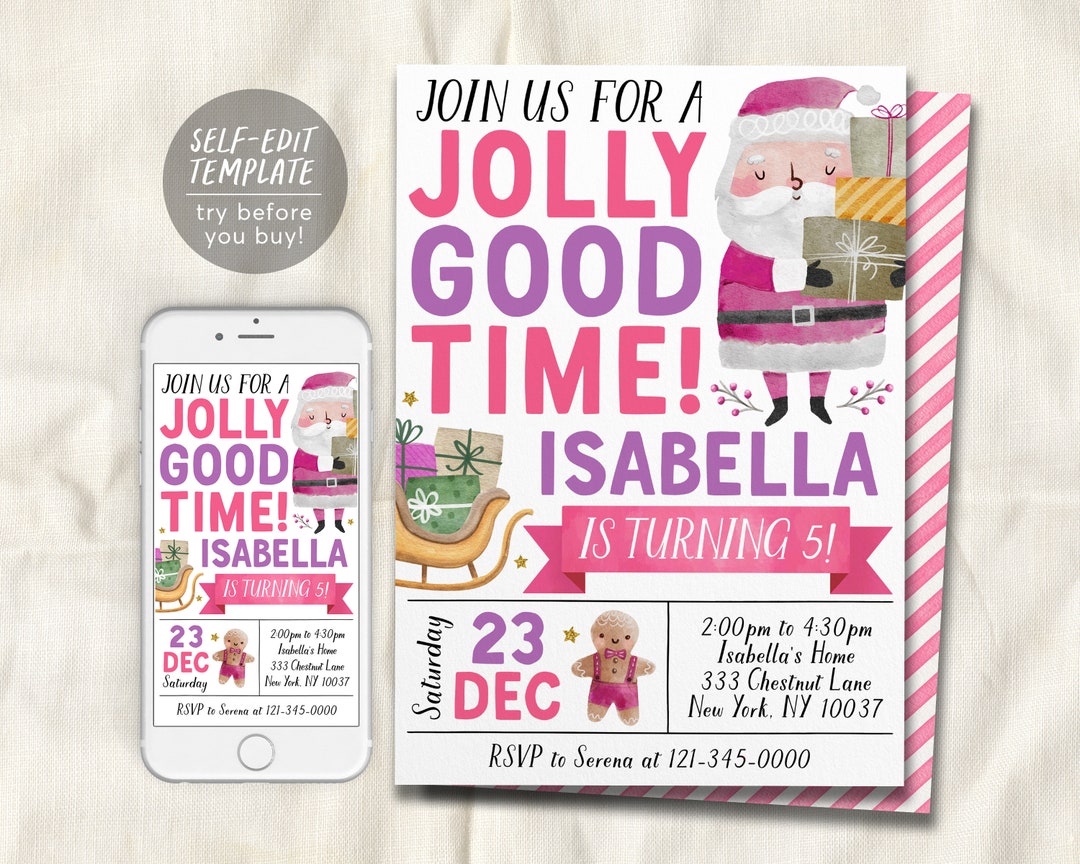 Christmas Jolly Good Time Birthday Invitation Editable Template, Santa ...