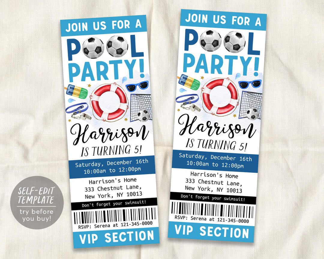Soccer Pool Party Birthday Ticket Invitation Editable Template, Summer ...