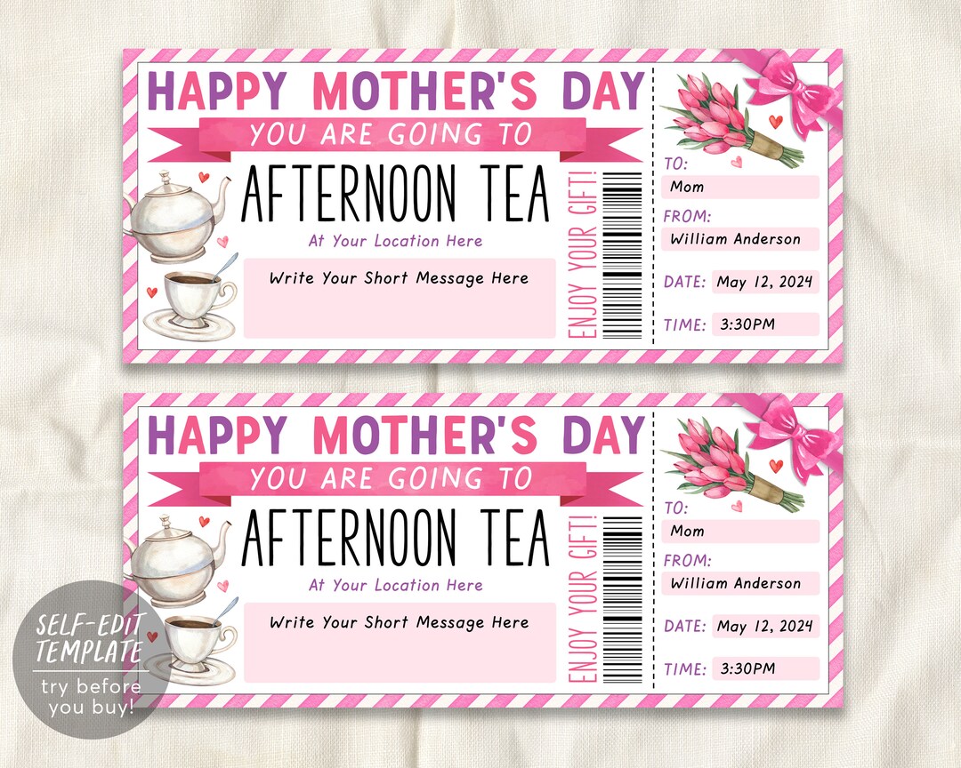 Afternoon Tea Gift Voucher Ticket Editable Template, Mothers Day ...