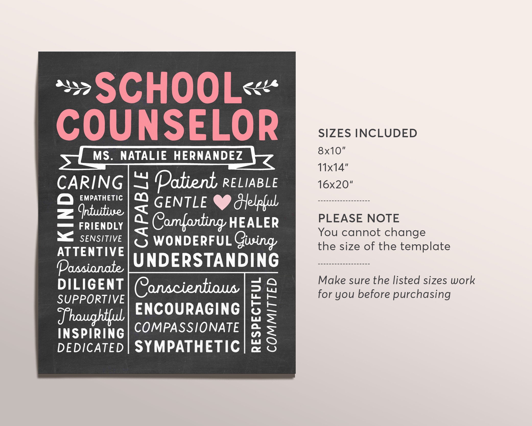 Editable School Counselor Chalkboard Gift Print Template, Personalized ...