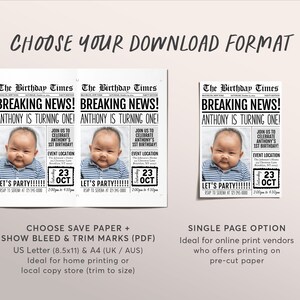 First Birthday Newspaper Invitation With Photo Editable Template, Mini ...