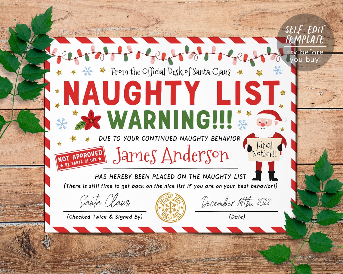 Santa's Naughty List Certificate Editable Template Not - Etsy