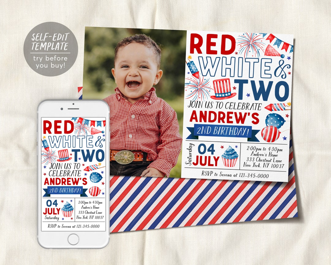 4th of July 2nd Birthday Invitation With Photo Editable Template, Red ...