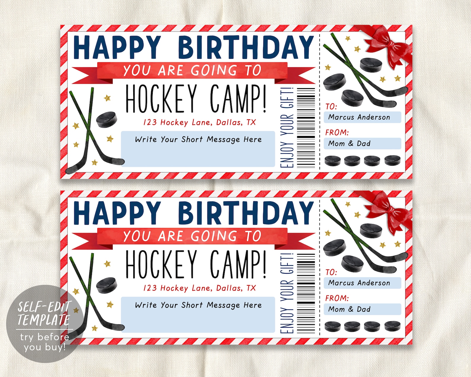 Hockey Camp Gift Ticket Editable Template, Birthday Surprise Training ...