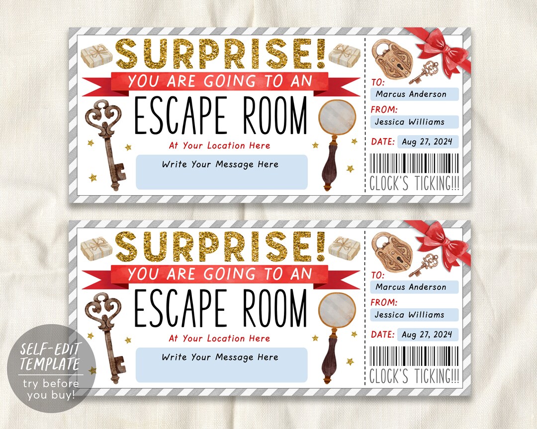 Escape Room Ticket Editable Template, Surprise Game Room Gift ...