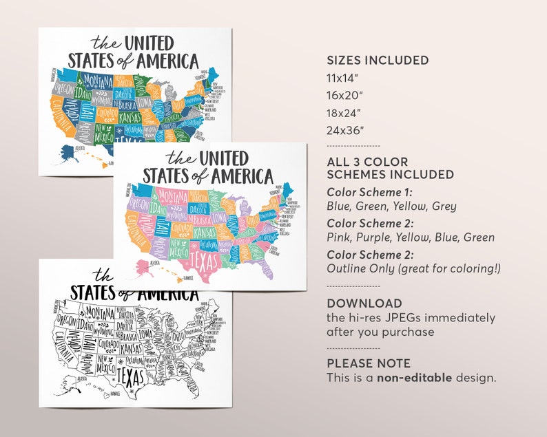 United States of America Map, USA Map Wall Art for School Homeschool ...