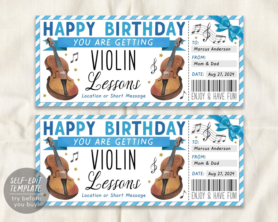 Violin Lessons Gift Certificate Editable Template, Birthday Surprise ...