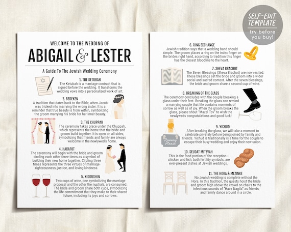 Jewish Wedding Program Guide Wedding Ceremony Template - Etsy
