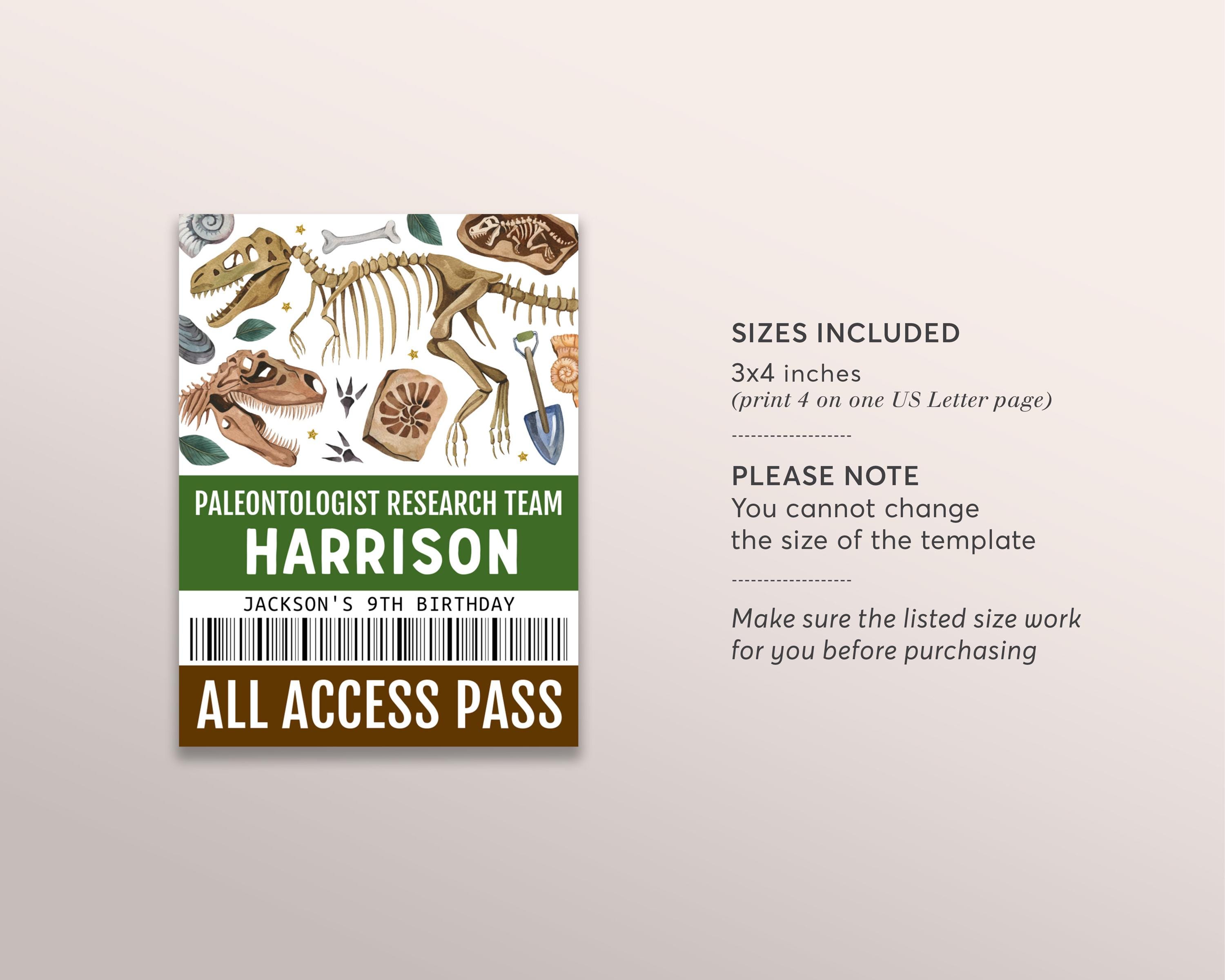Dinosaur Party ID Badge VIP Pass Editable Template, Paleontologist Dig ...