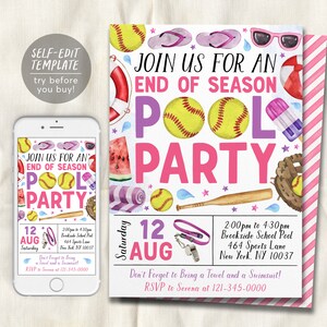 Softball Pool Party Invitation Editable Template, Swing on Over End of ...