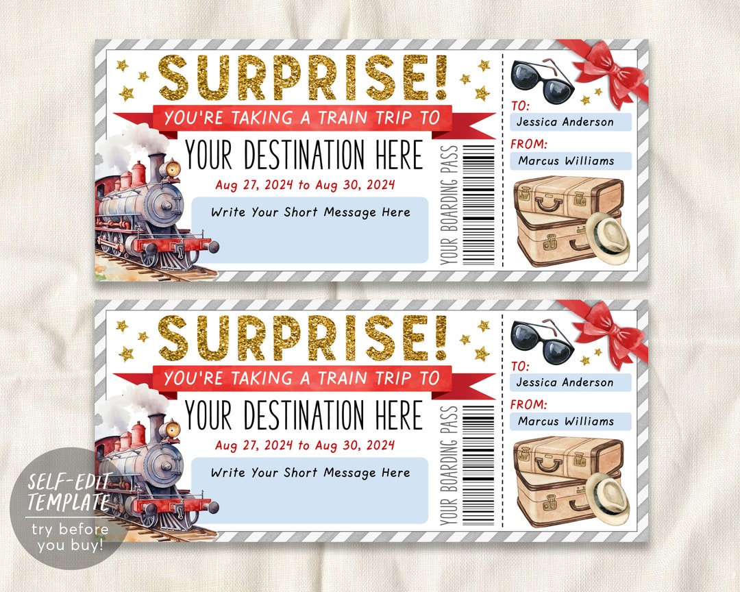 Train Ticket Boarding Pass Editable Template, Surprise Weekend Getaway ...
