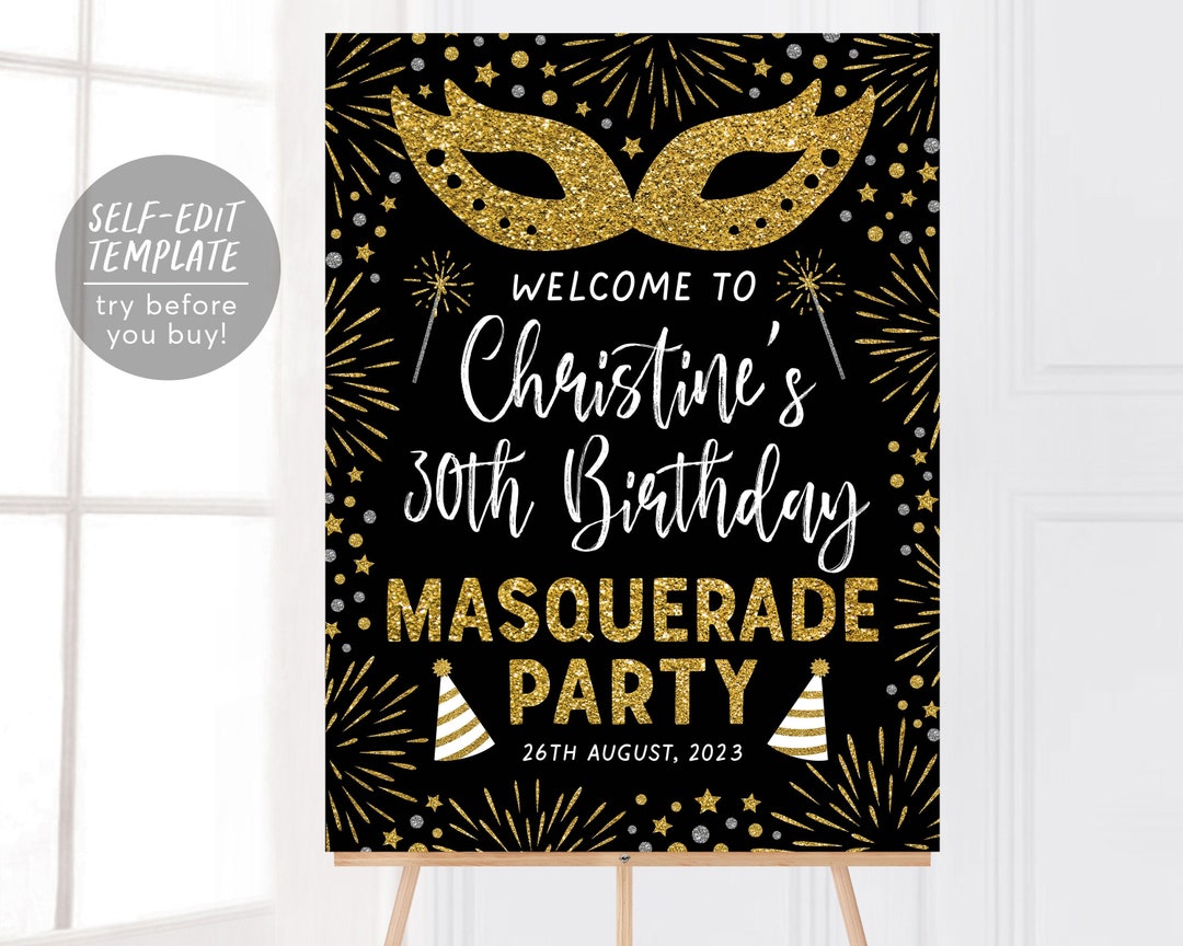 Masquerade Party Welcome Sign Editable Template, Black and Gold ...