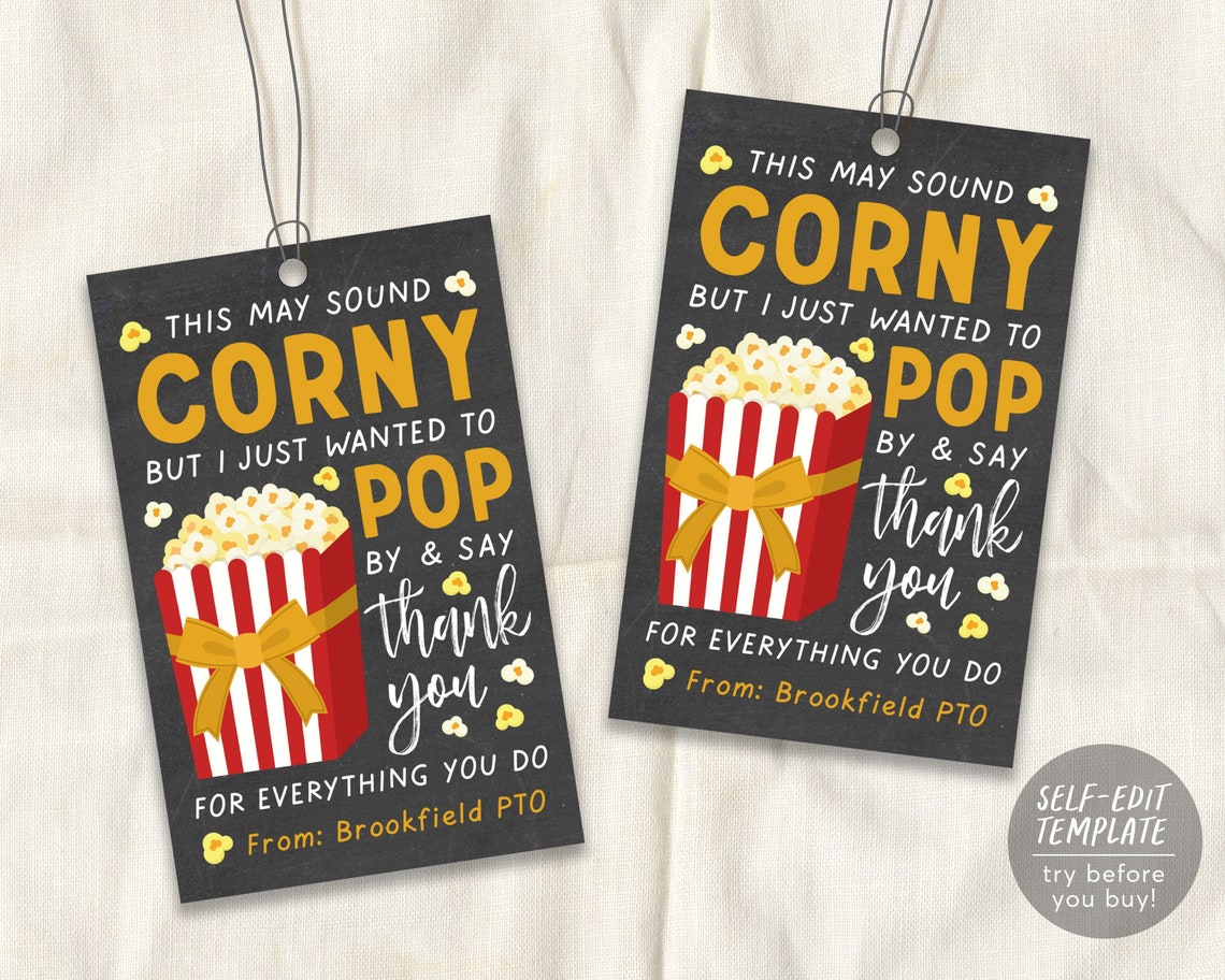 Popcorn Thank You Tags Editable Template, Gift Tag for Teachers Nurse ...