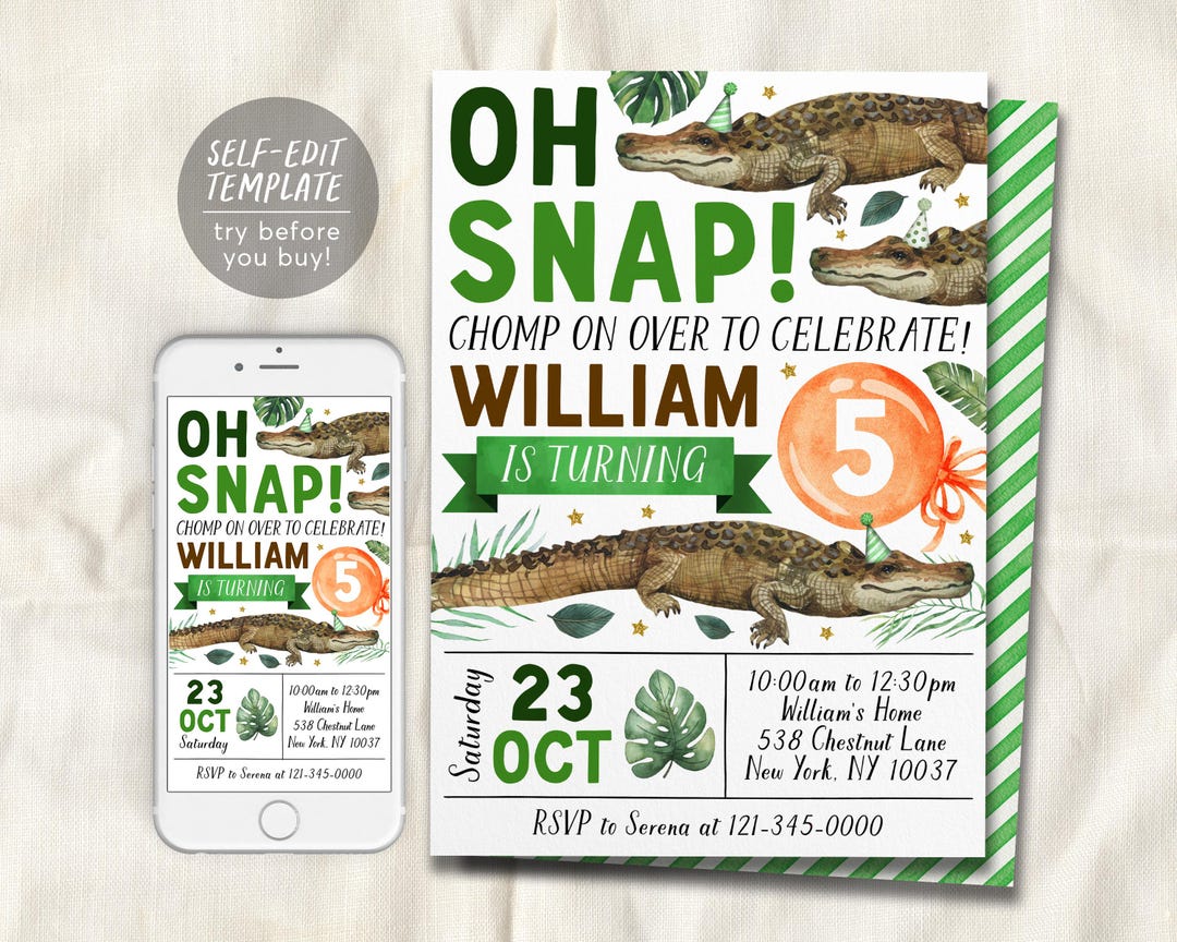 Crocodile Birthday Invitation Editable Template, Boy Oh Snap Crocodile ...