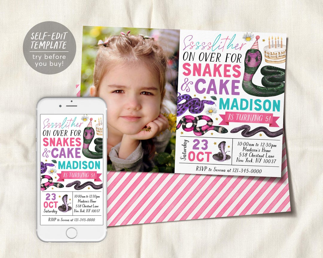 Snake Birthday Invitation With Photo Editable Template, Girl Snake and ...