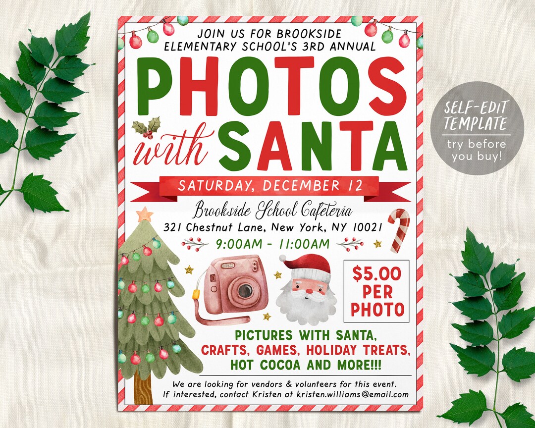 Photos With Santa Flyer Editable Template, Picture With Santa, Holiday ...