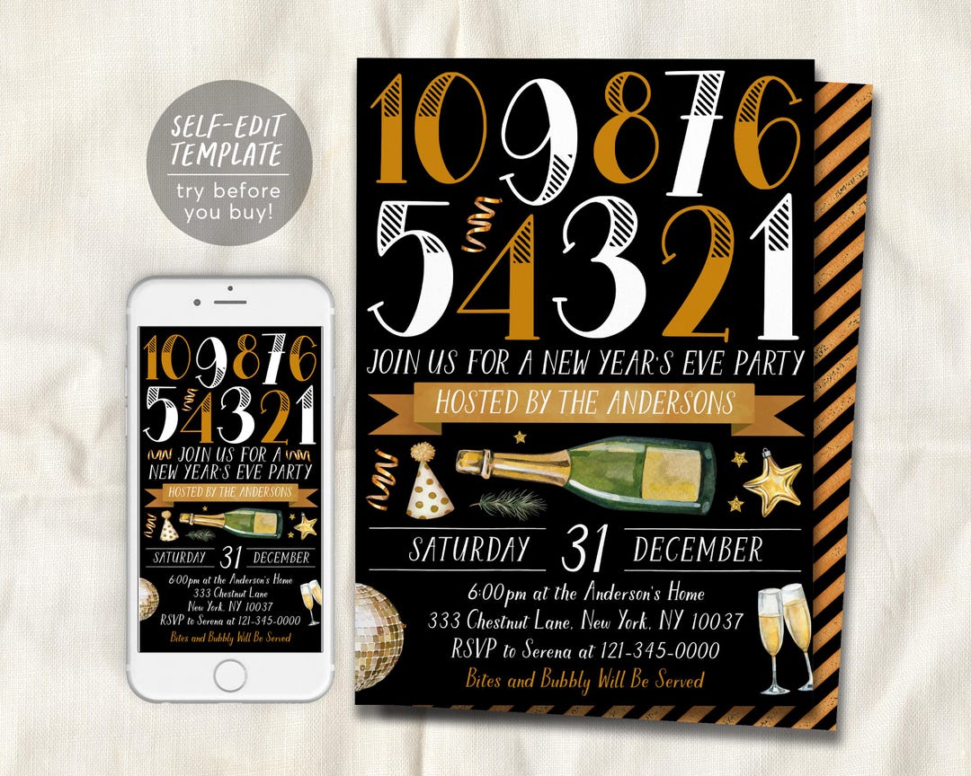 NYE Party Invitation Editable Template, New Years Eve Countdown Bash ...